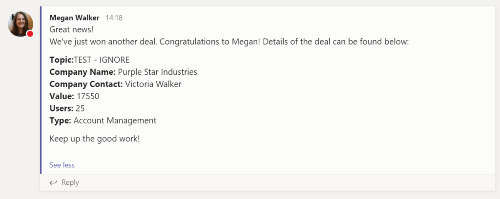 Won Opportunity Notifications To Microsoft Teams - Megan V. Walker