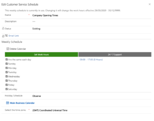 Adding Customer Service & Holiday Schedules in Dynamics 365 UI